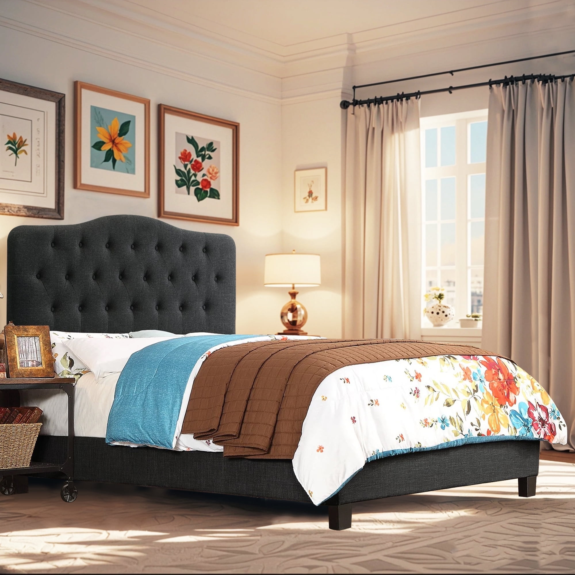 King Size Classical Bed Frame with Adjustable Button Tufted Headboard ...
