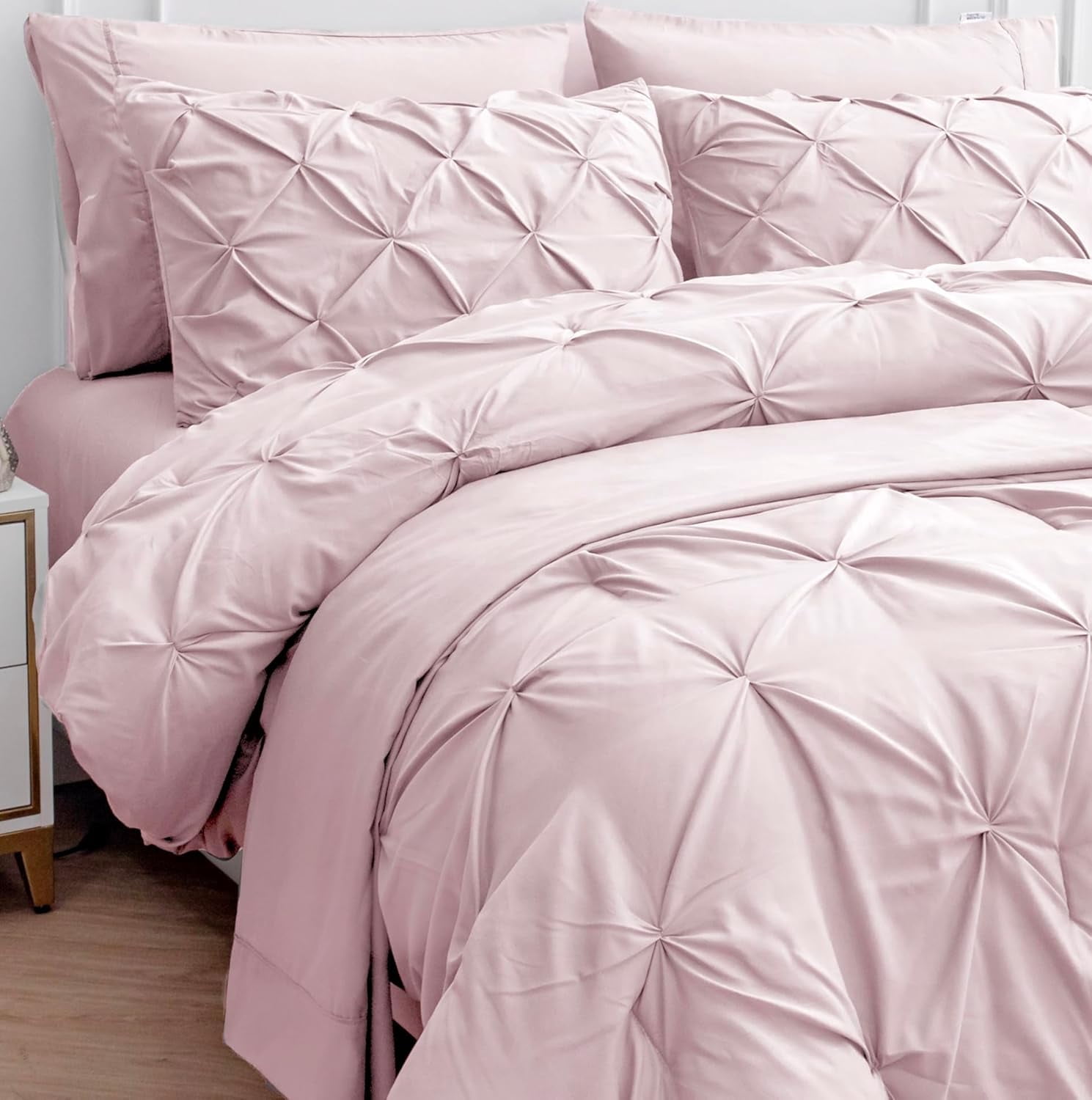 King Size Comforter Set - 7 Piece Bedding, Pintuck Bed in a Bag, Pink ...