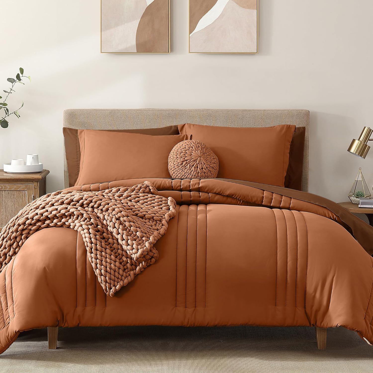 King Size Comforter Set - 7 Pieces Bed in a Bag King, Burnt Orange Bedding Sets with Comforter ...