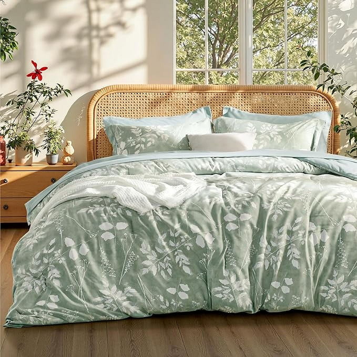 King Size Comforter Set - 7 Pieces Floral Sage Green Soft Bedding Sets ...