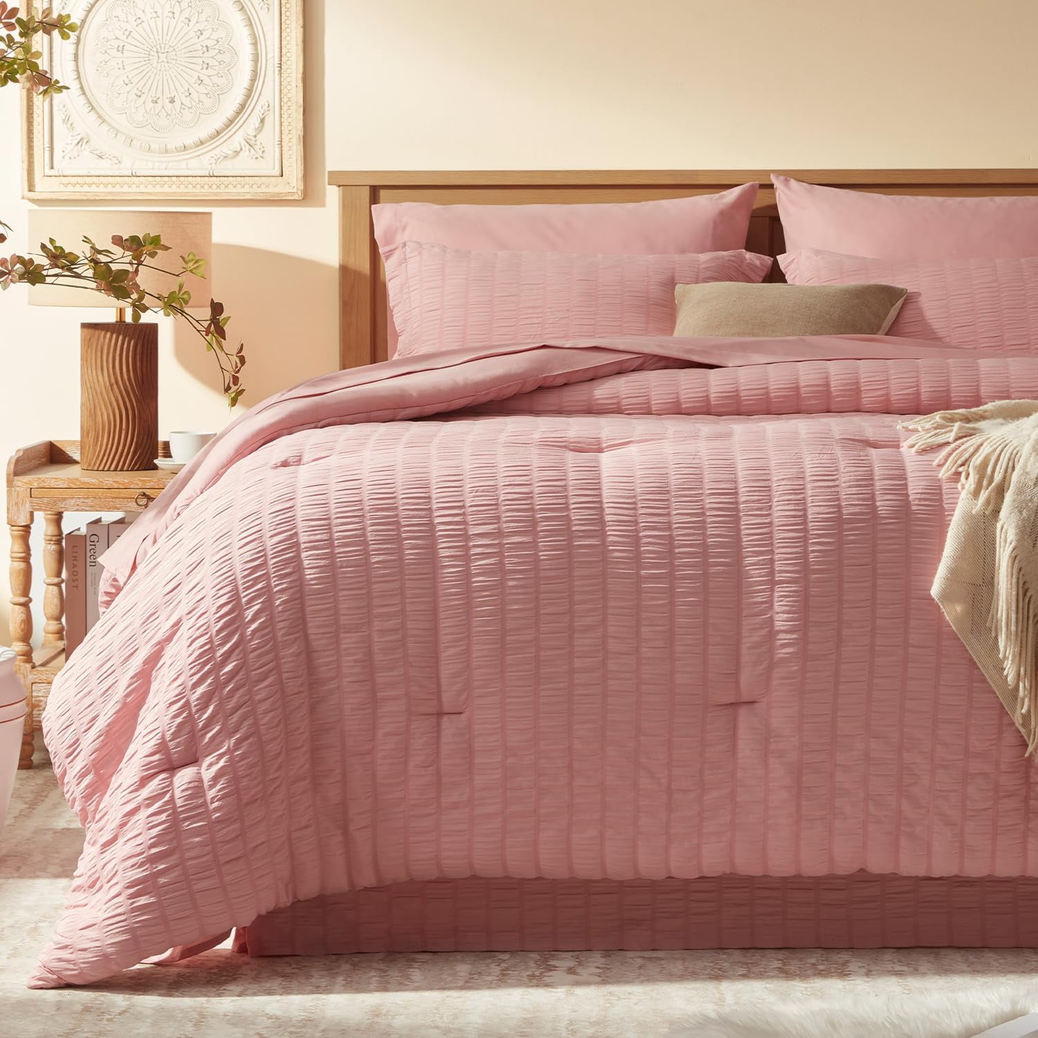 King Size Comforter Set 8 Pieces - Pink Seersucker Bed in a Bag with ...