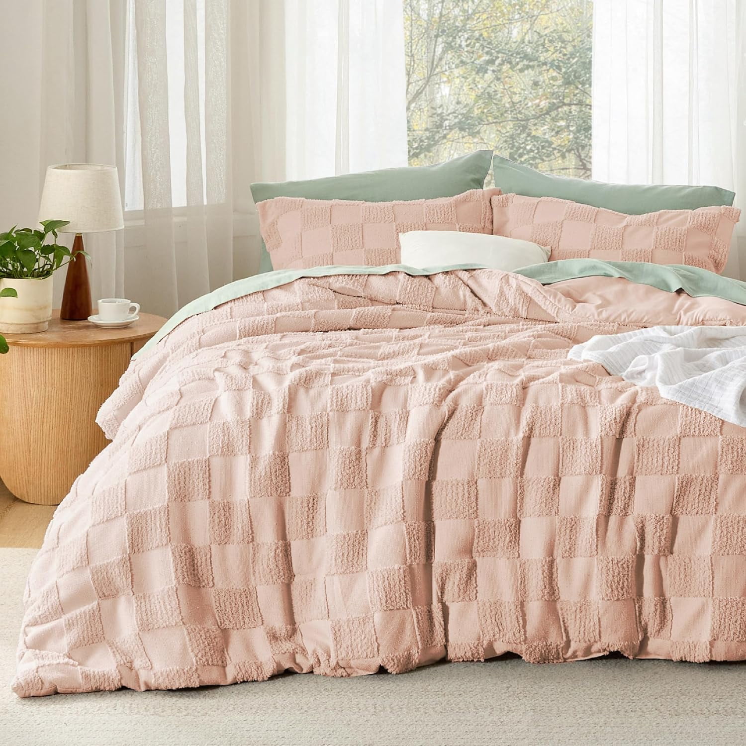 King Size Comforter Set Dusty Rose, Boho Tufted Bed Set, Checkered ...