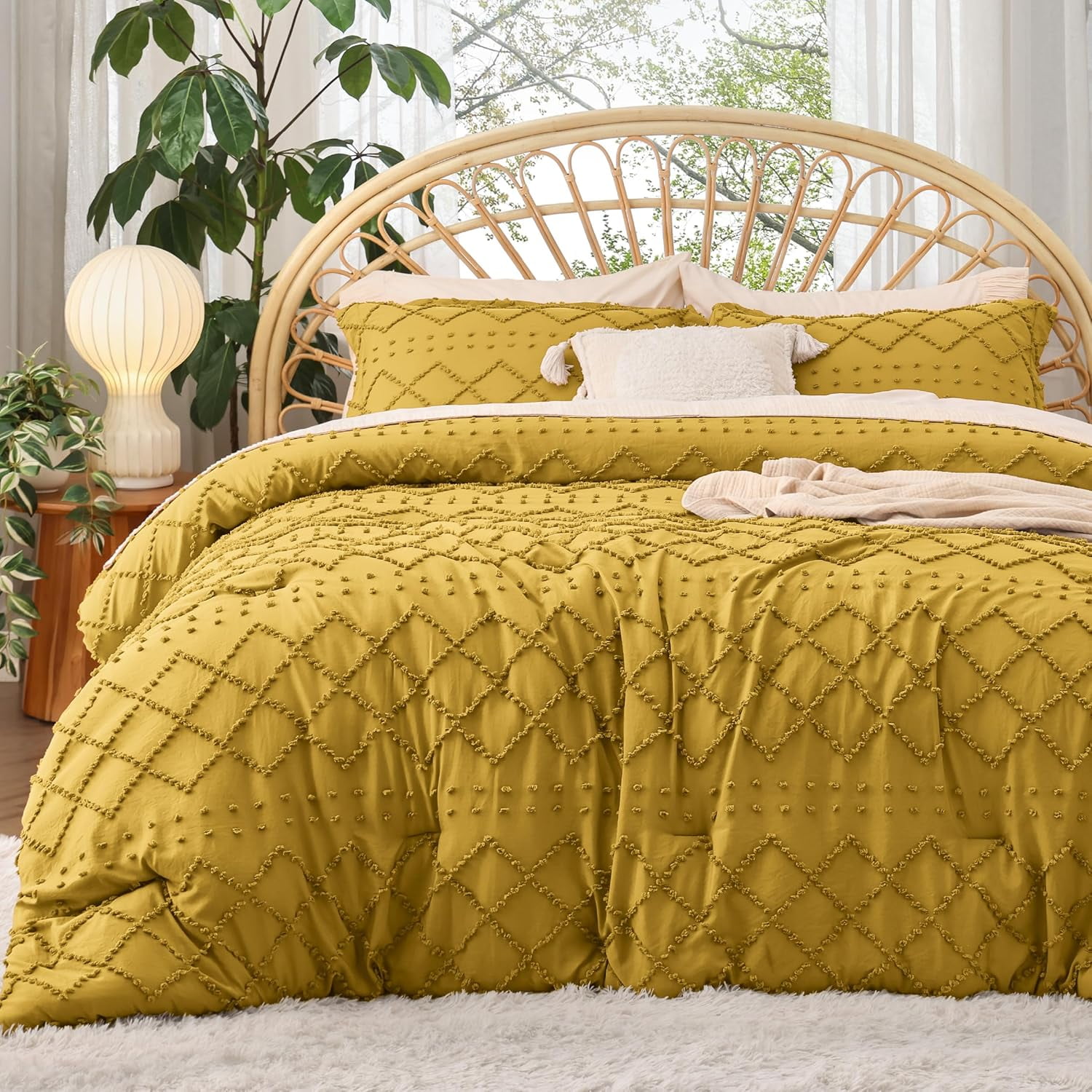 King Size Comforter Set - Mustard Yellow Comforter, Boho Tufted Shabby ...
