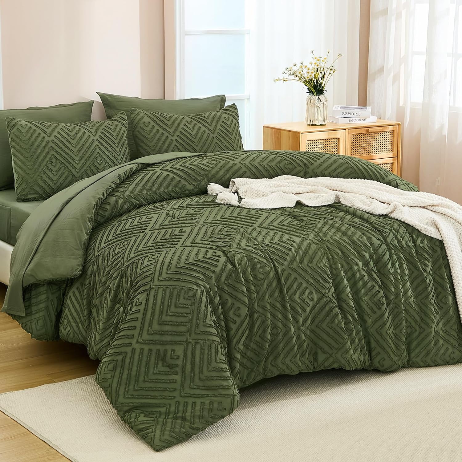 King Size Comforter Set Olive Green - 7 Pieces Bed in a Bag King Boho ...