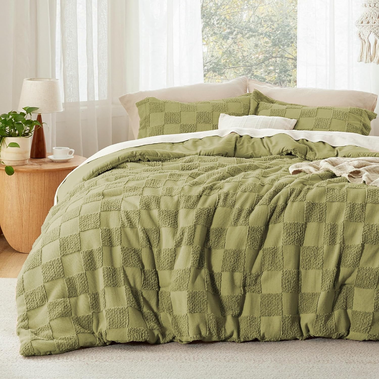 King Size Comforter Set Olive Green, Boho Tufted Bed Set, Checkered ...