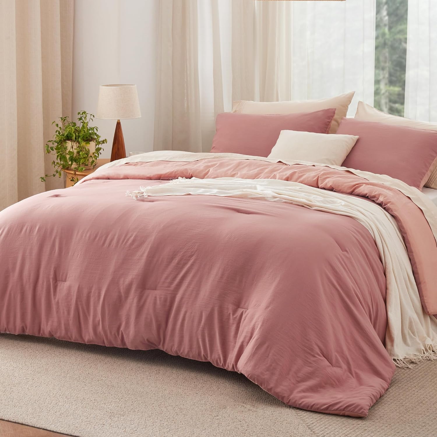 King Size Comforter Set, Reversible Pink Clay Soft Prewashed Bedding ...