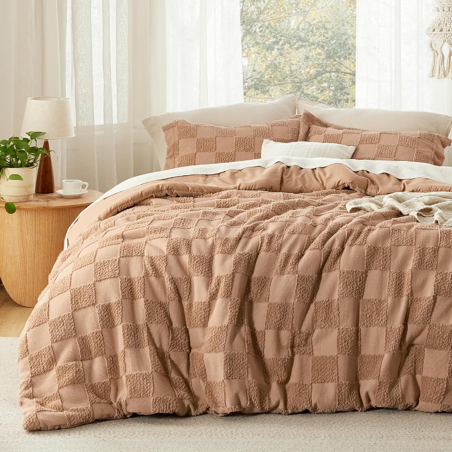 King Size Comforter Set Taupe, Boho Tufted Bed Set, Checkered Farmhouse ...