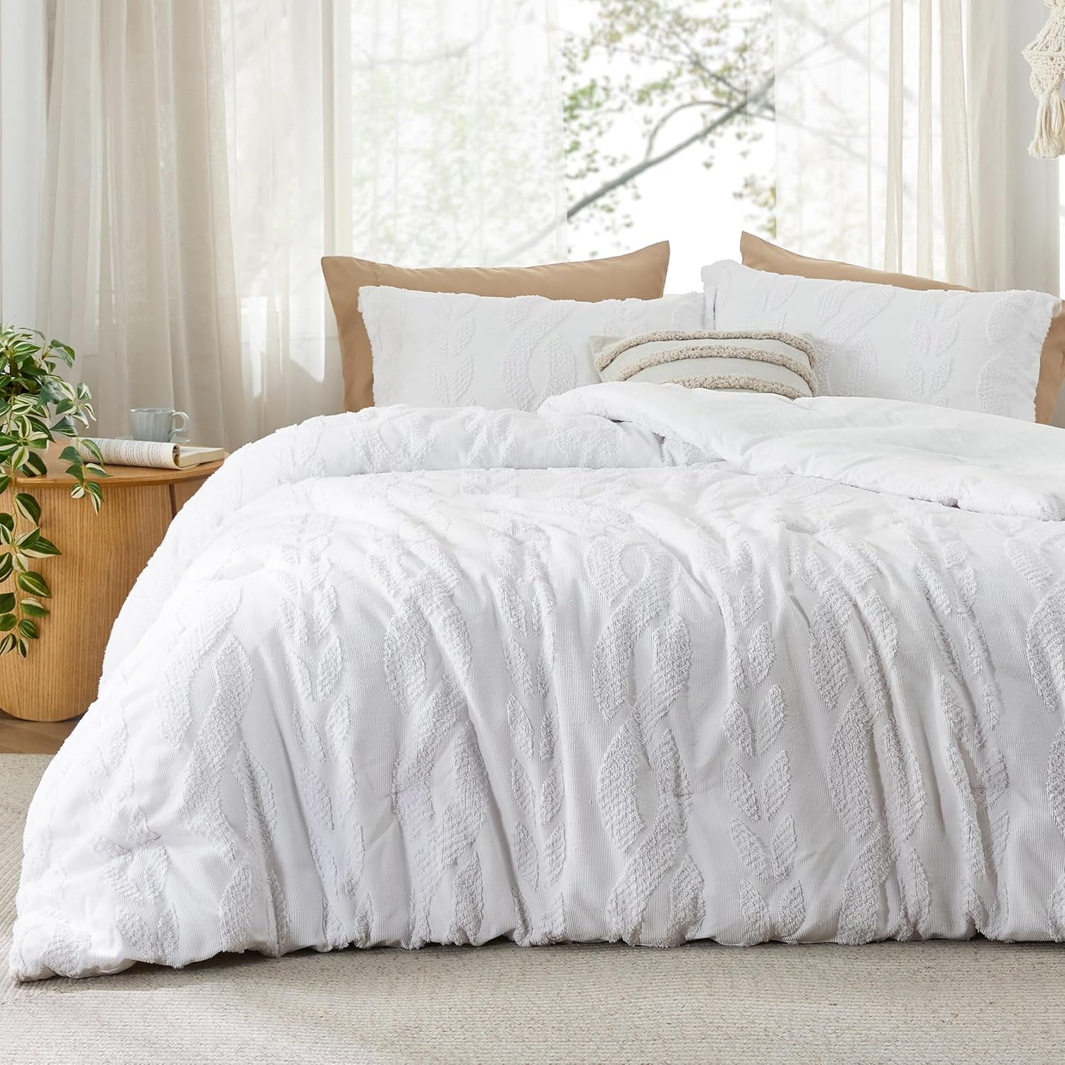 King Size Comforter Set White, Boho Tufted Bed Set, Farmhouse Jacquard ...