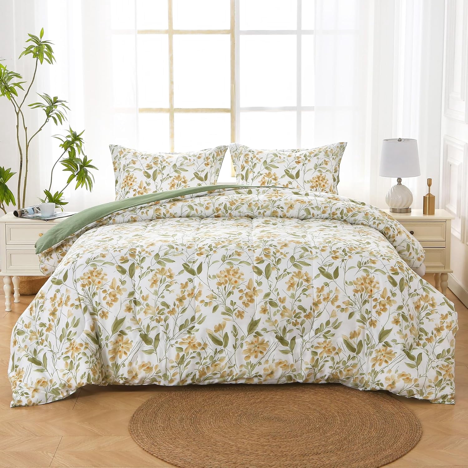 King Size Comforter Sets By Floral, Vintage Green and Yellow Botanical ...