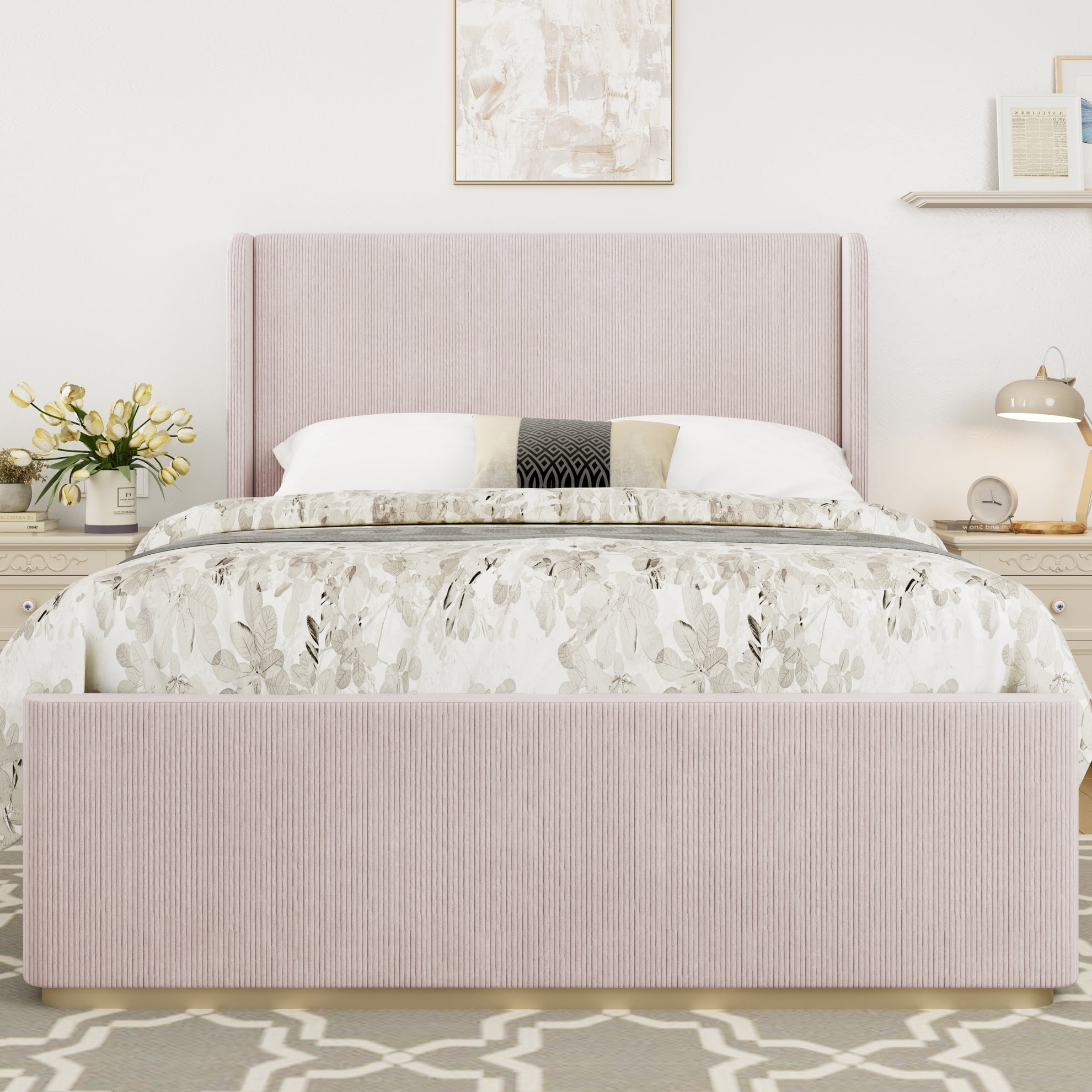 King Size Corduroy Bed Frame In Pink With Vertical Stripe Wingback ...
