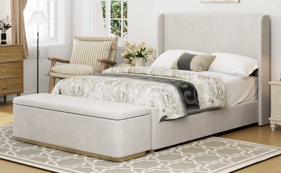 King Size Corduroy Upholstered Storage Bed with 130L Ottoman, Vertical ...