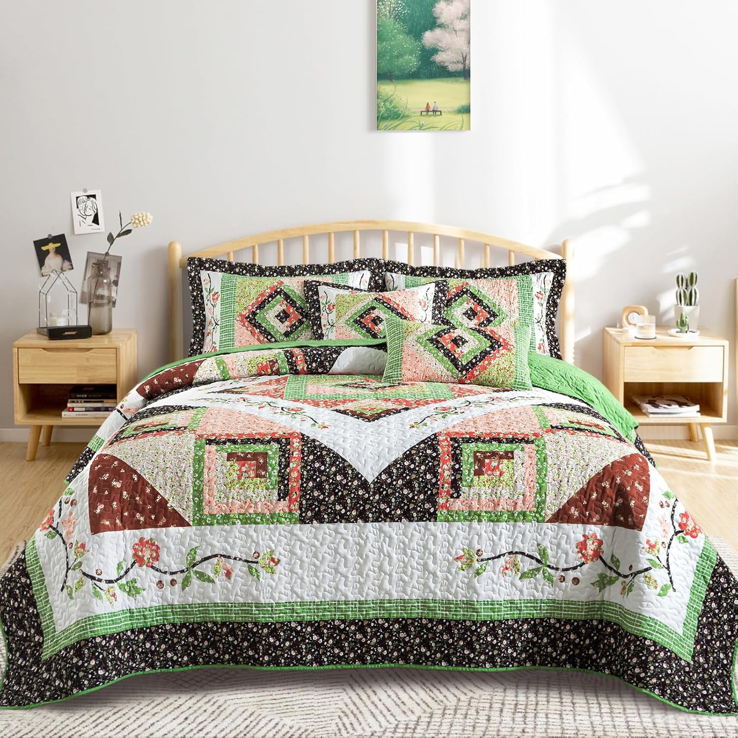 King Size Cotton Quilt Set with Floral Pattern, Lightweight Comfortable ...