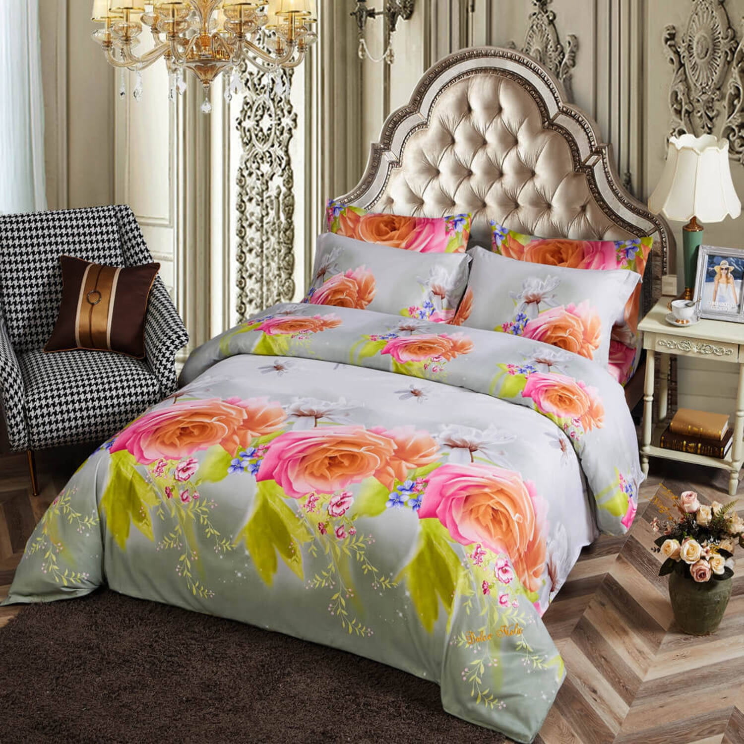 King Size Duvet Cover Set, 6 Piece Luxury Floral Bedding, Innocence ...