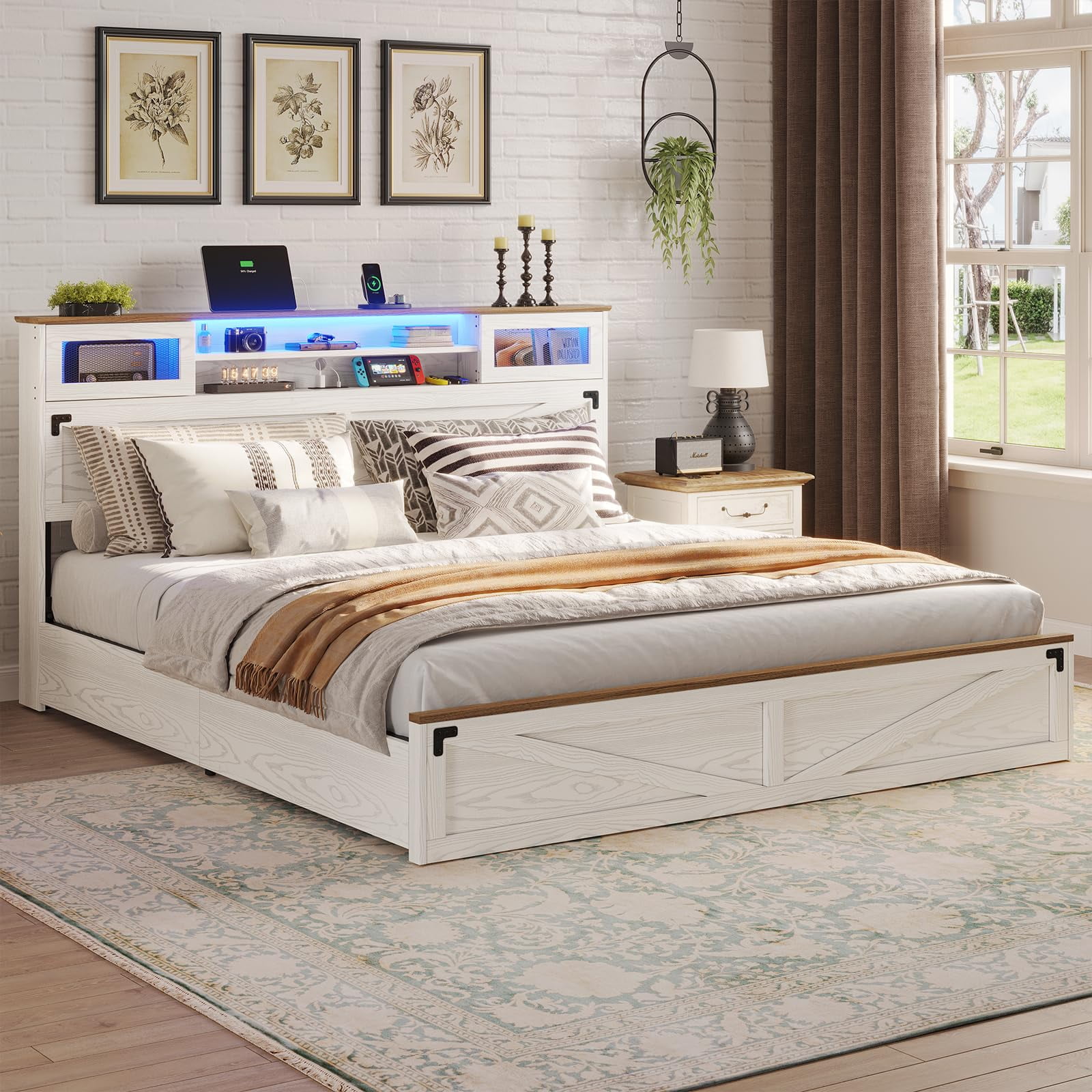 King Size Farmhouse Bed Frame with Storage Headboard , LED Wooden ...