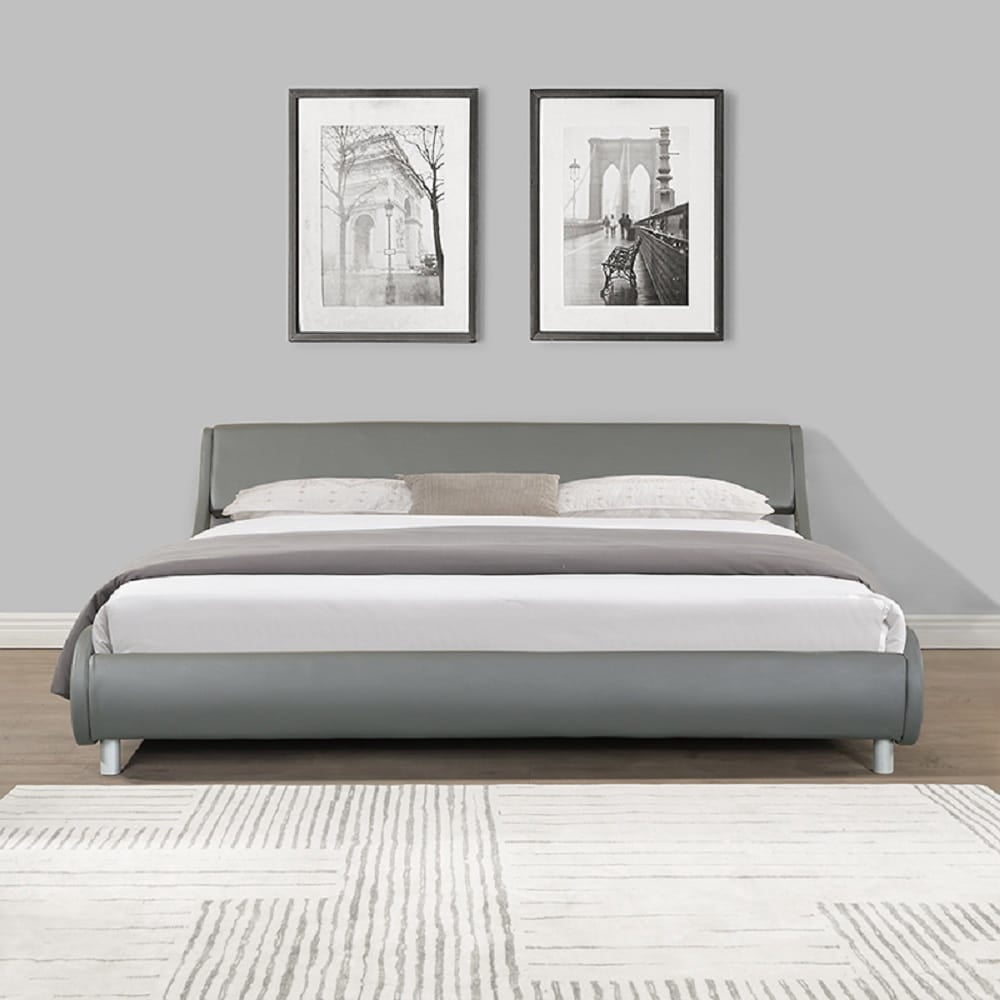 King Size Faux Leather Upholstered Platform Bed in Curve Design Grey ...