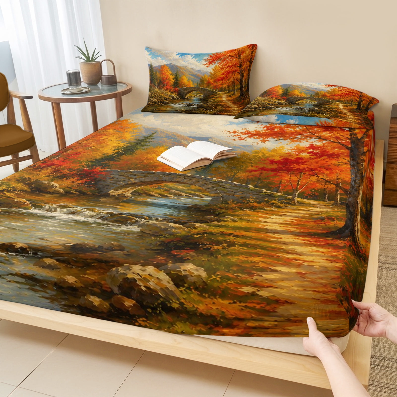 King Size Fitted Sheet Set - Fall Scenery 3 Piece Bedding Sets 16" Deep ...