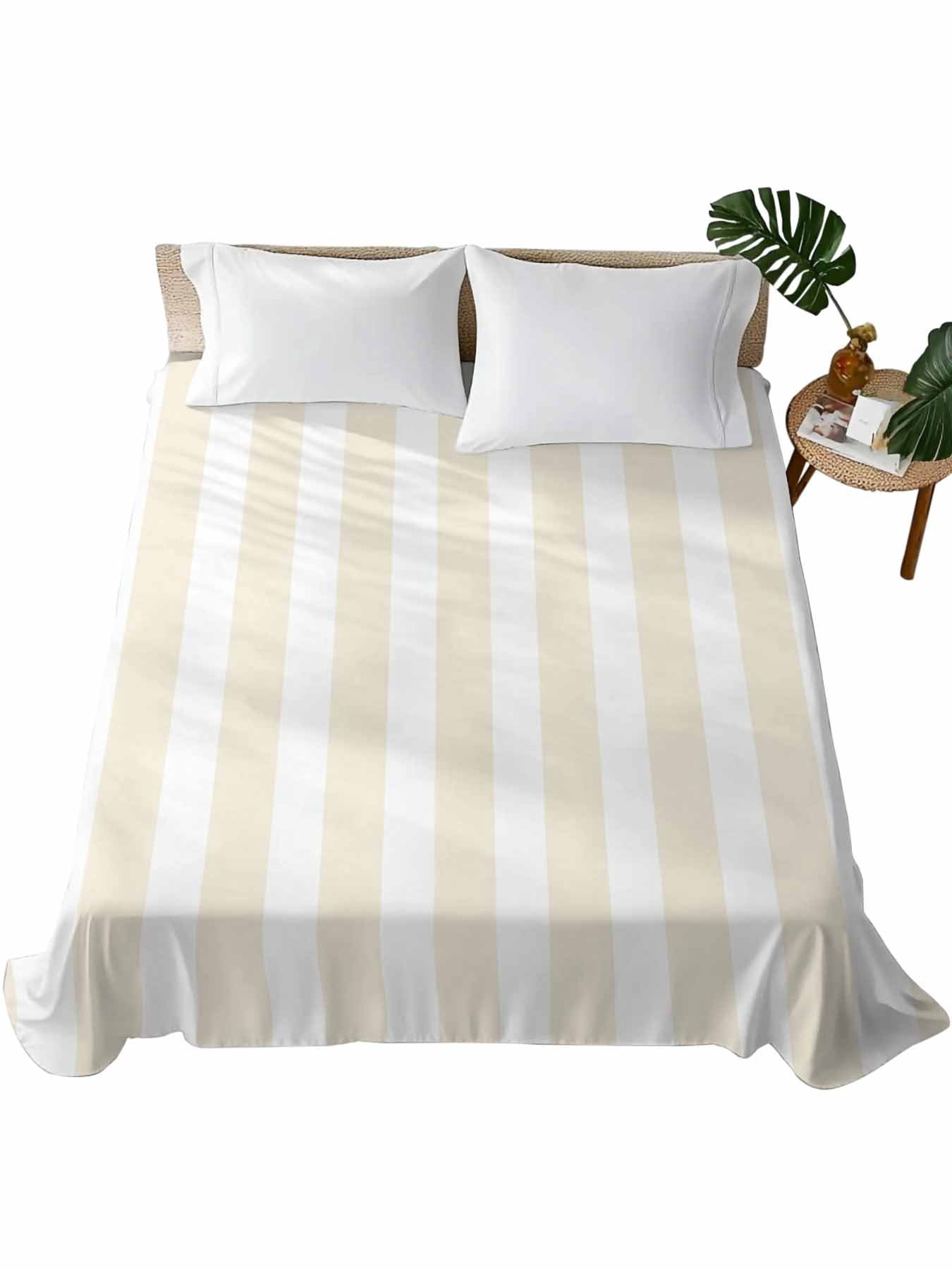 Queen Size Flat Sheet Only, Cream Striped Soft Brushed Microfiber Bed ...