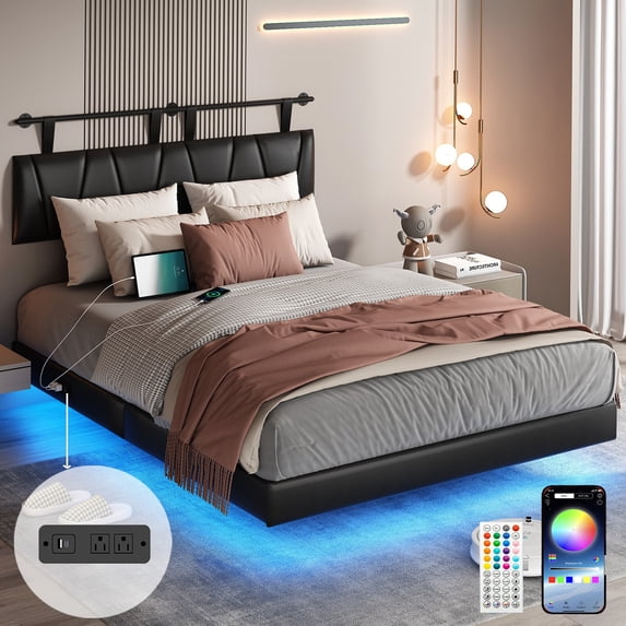 Blotout King Size Floating Bed Frame with LED Light, USB Outlets ...
