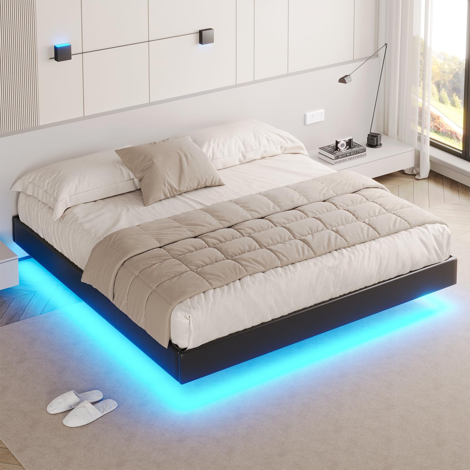 King Size Floating Bed Frame with LED Lights,Upholstered Platform Bed ...