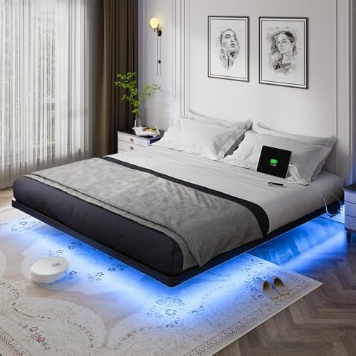 King Size Floating Bed Frame, Metal Platform, with LED Light and ...