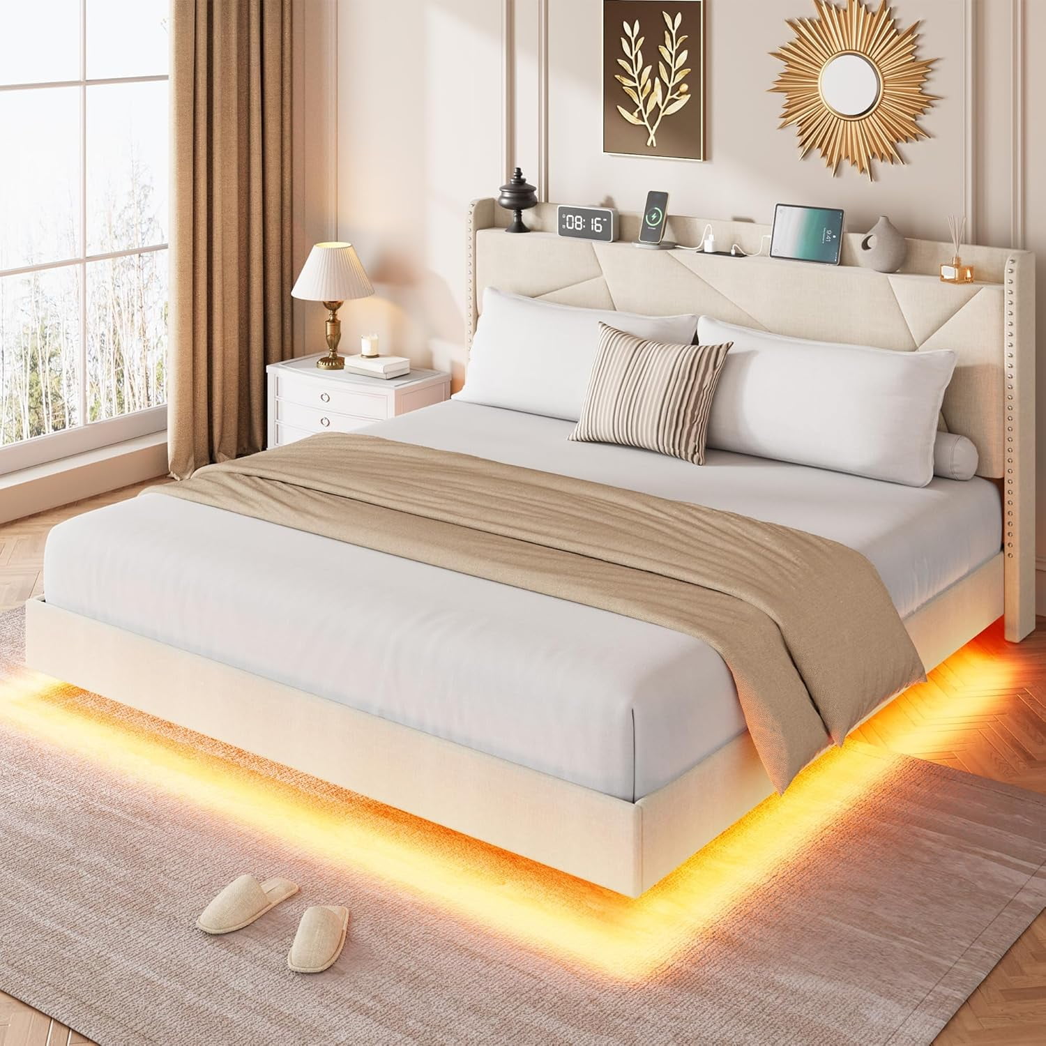 King Size Floating Bed Frame with RGB LED Lights and Charging Station ...