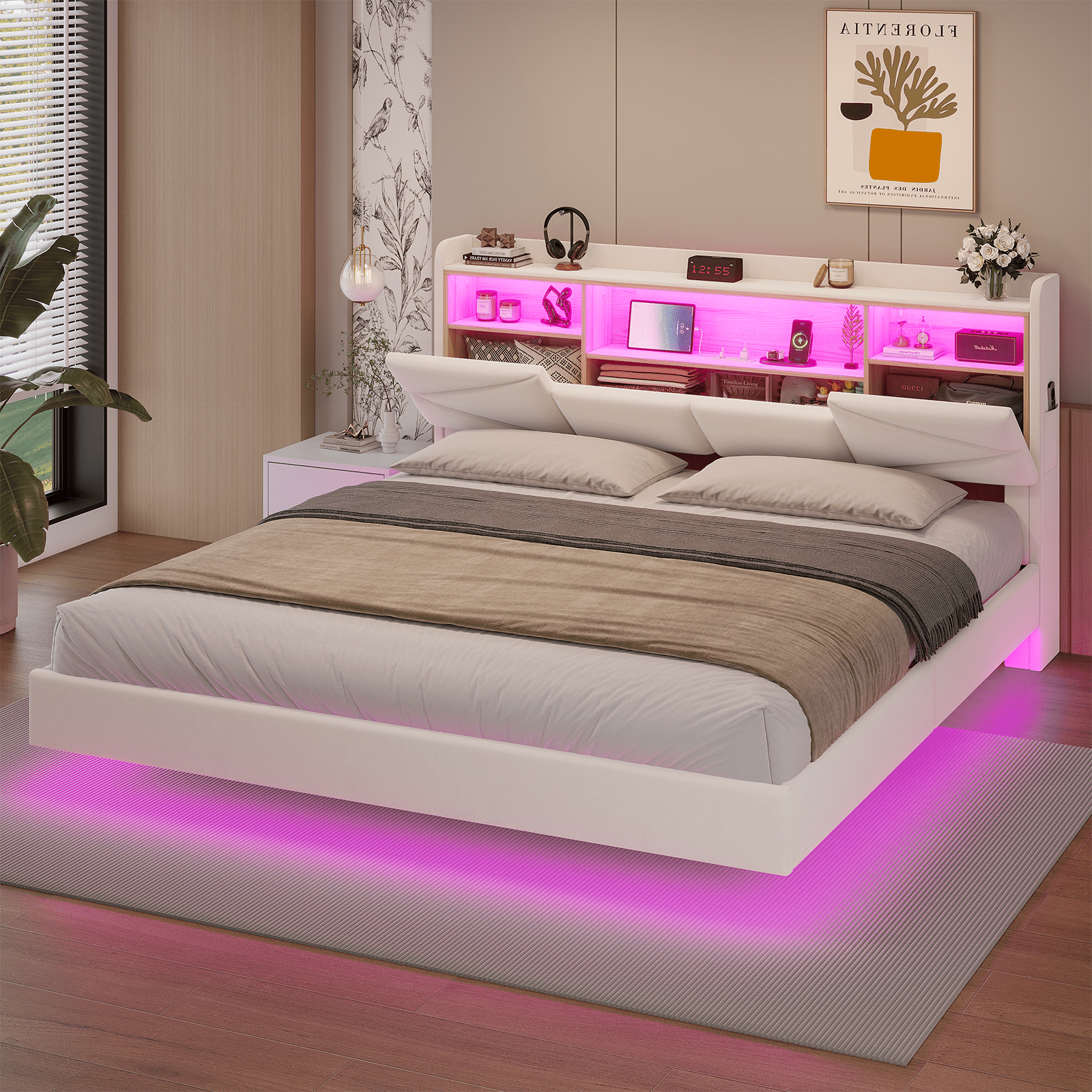 King Size Floating Bed Frame with Storage Headboard, King Floating ...