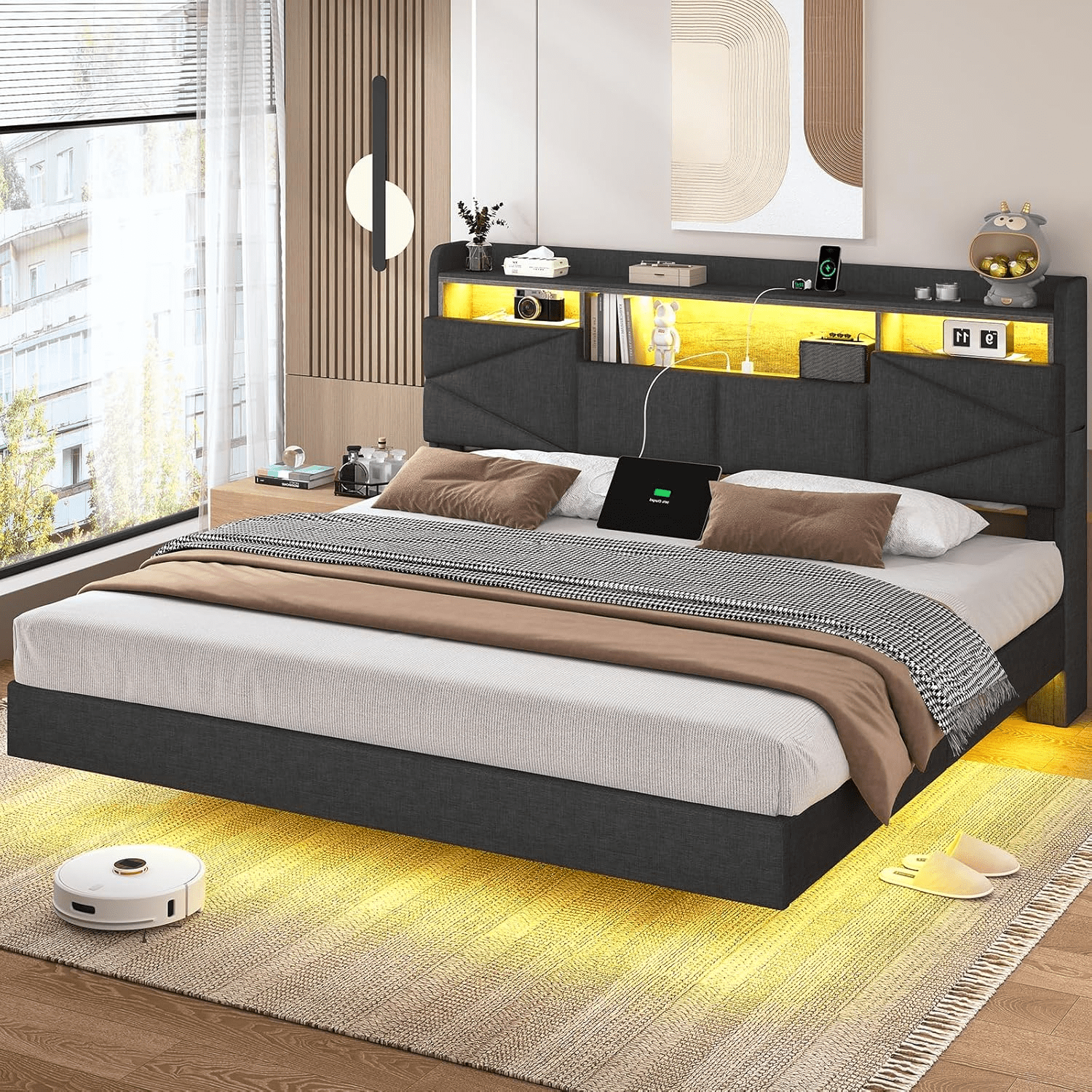 King Size Floating Bed Frame with Storage Headboard and Power Outlet ...