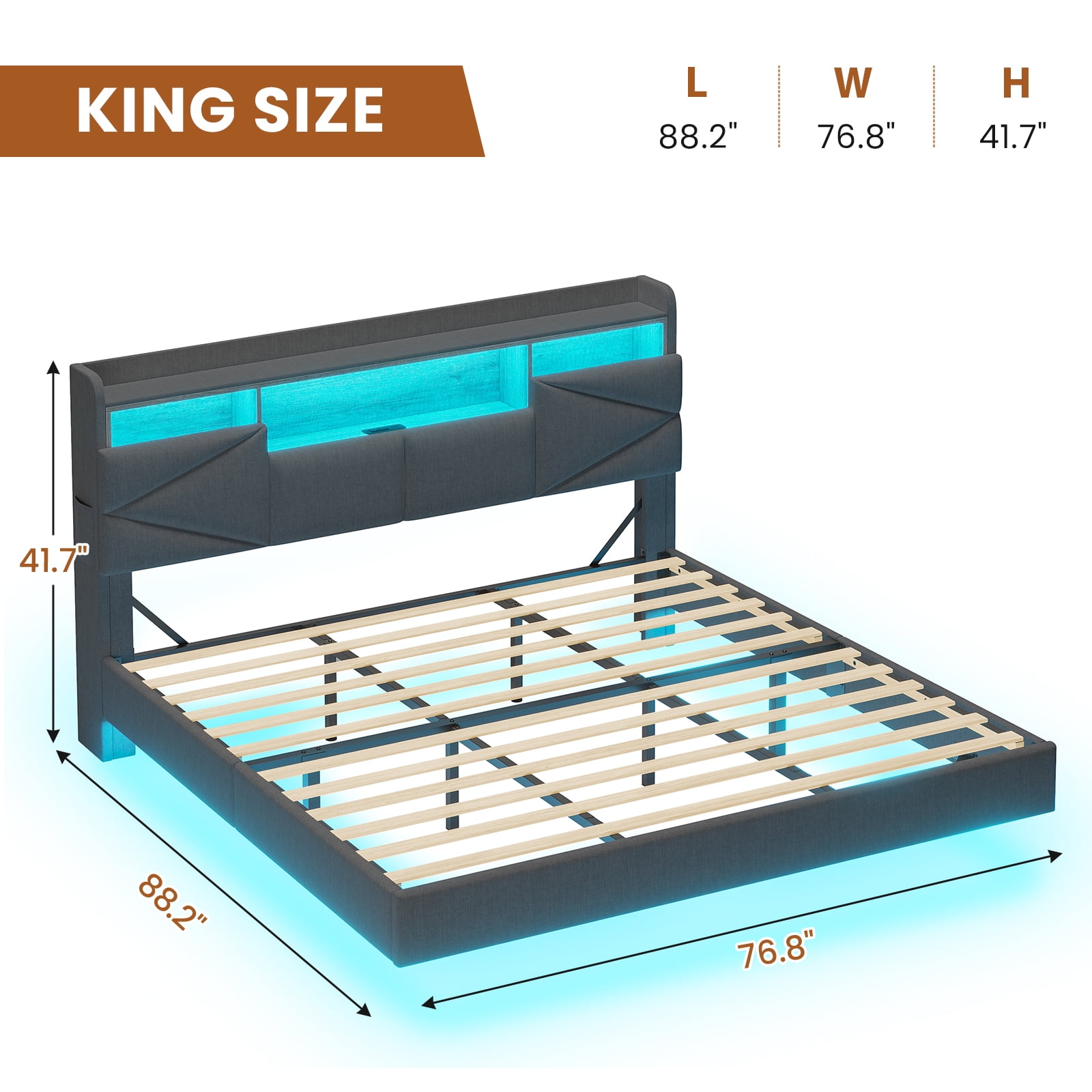 King Size Floating Bed Frame with Storage Headboard and Power Outlet ...