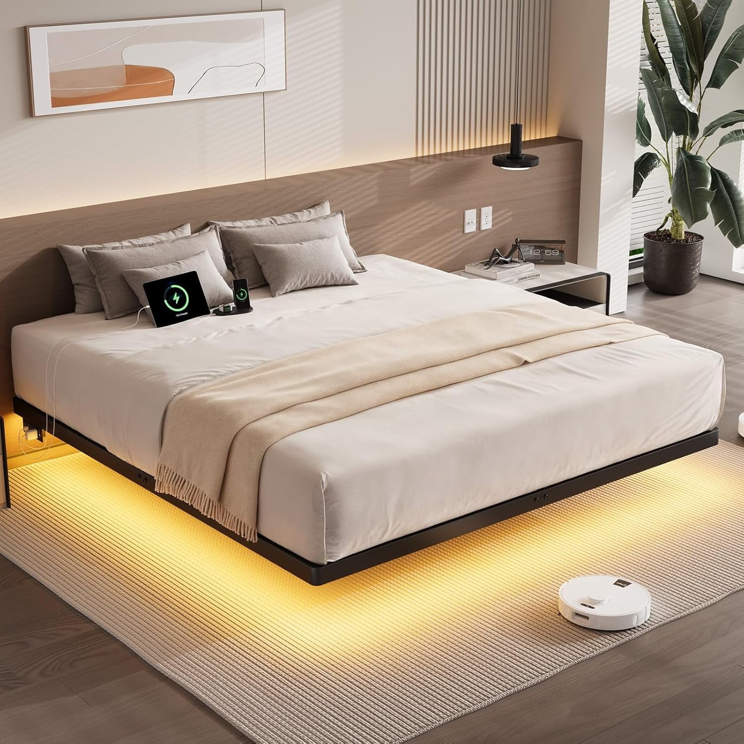 King Size Floating Bed Frame with USB Charging Station and Smart LED ...