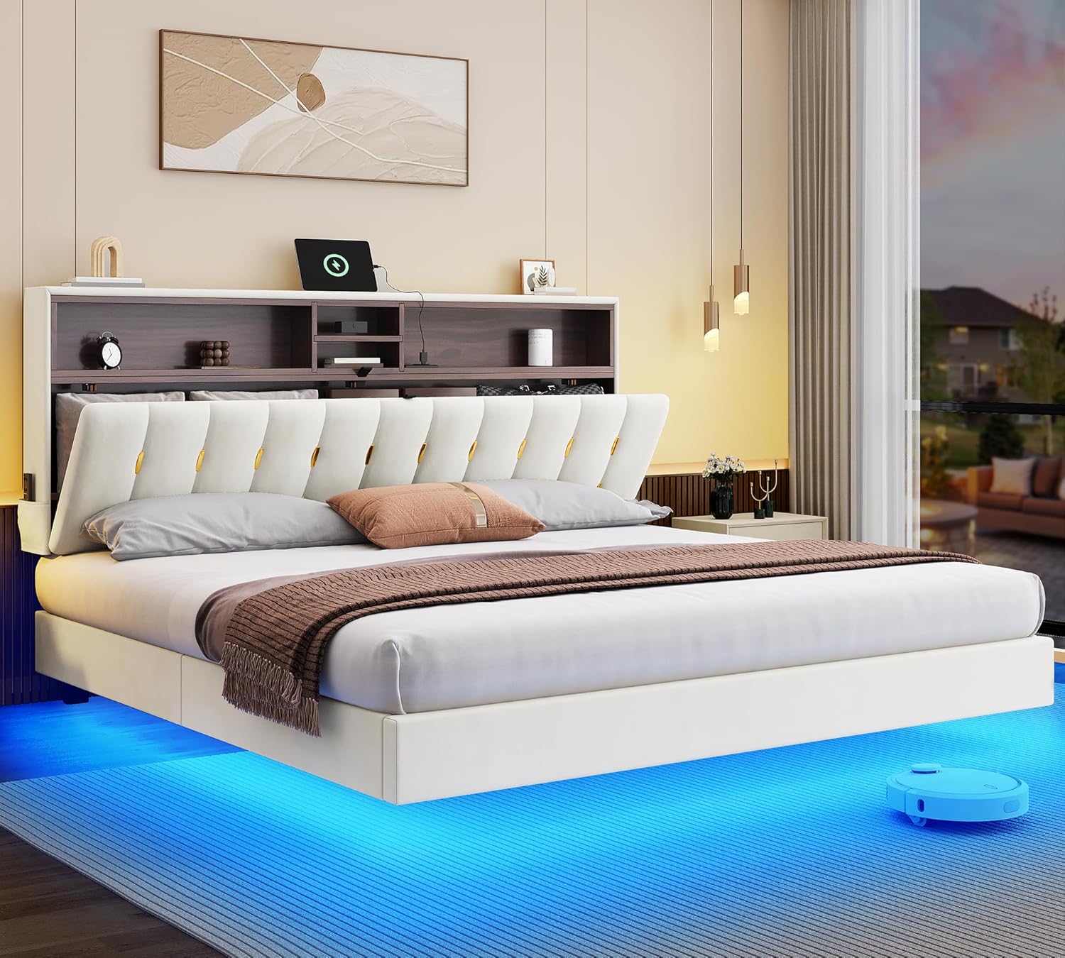 King Size Floating Bed Frame,Upholstered Platform Bed with RGB LED ...