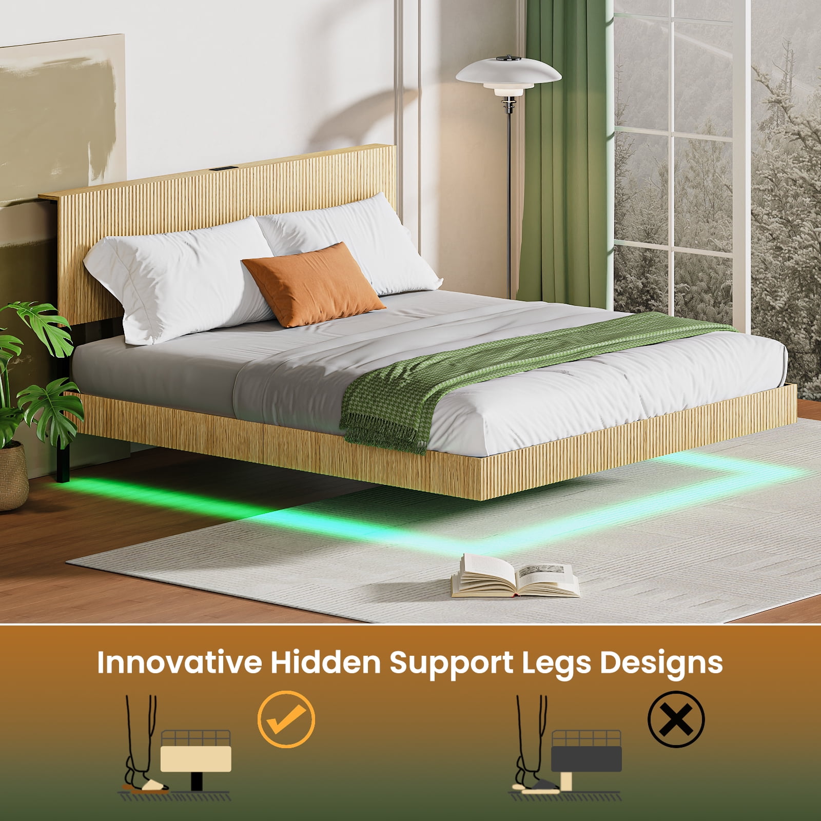 King Size Floating Bed Frame with LED Lights & Charging Station, Modern ...
