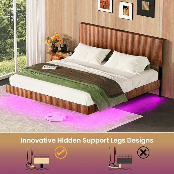 King Size Floating Bed Frame with LED Lights & Charging Station, Modern ...
