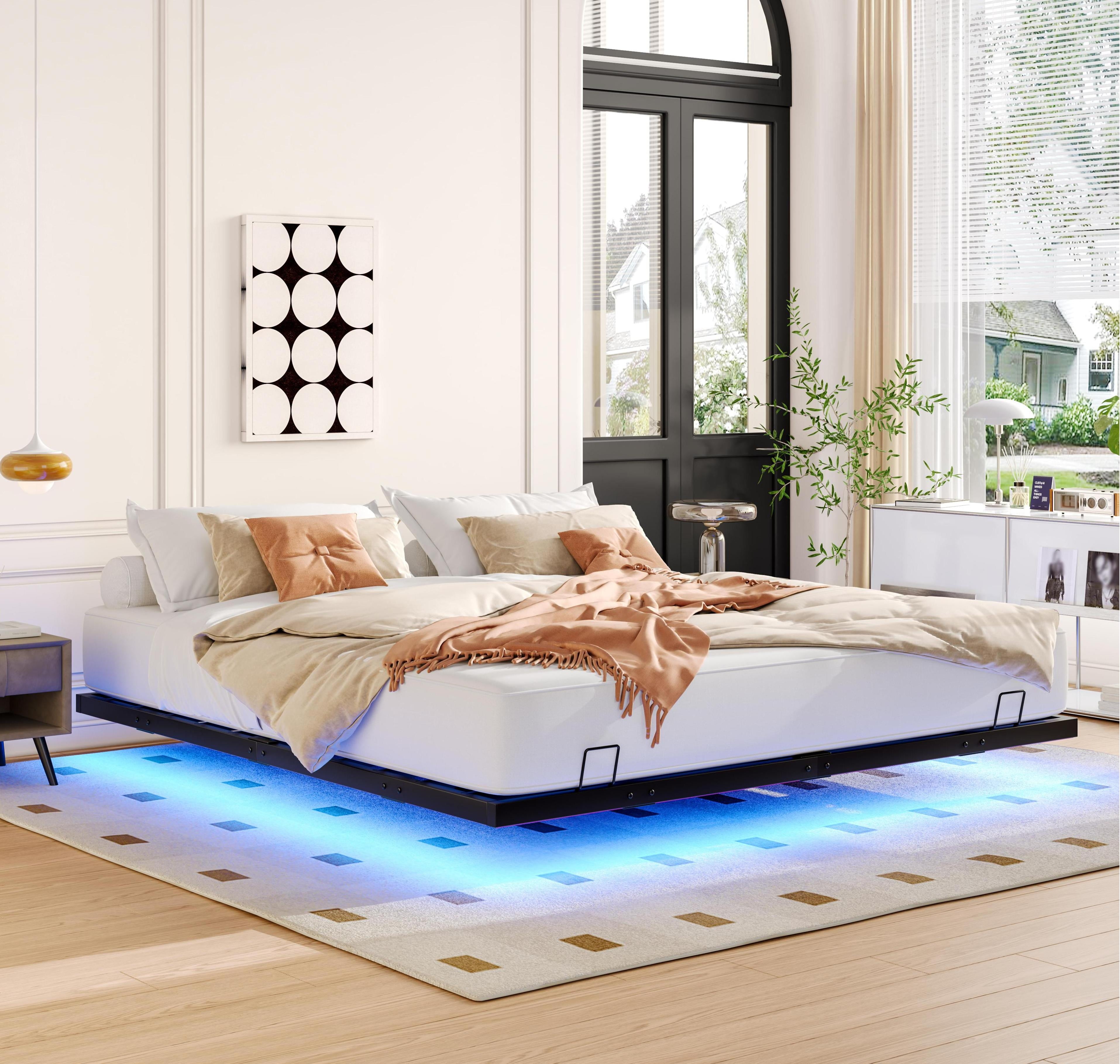 King Size Floating Bed Frames with LED Lights, Metal Platform Bed ...