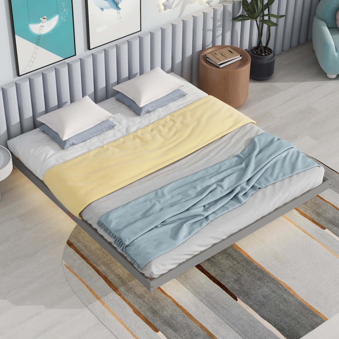 King Size Floating Bed with LED Lights, Wooden Low Profile Platform Bed ...