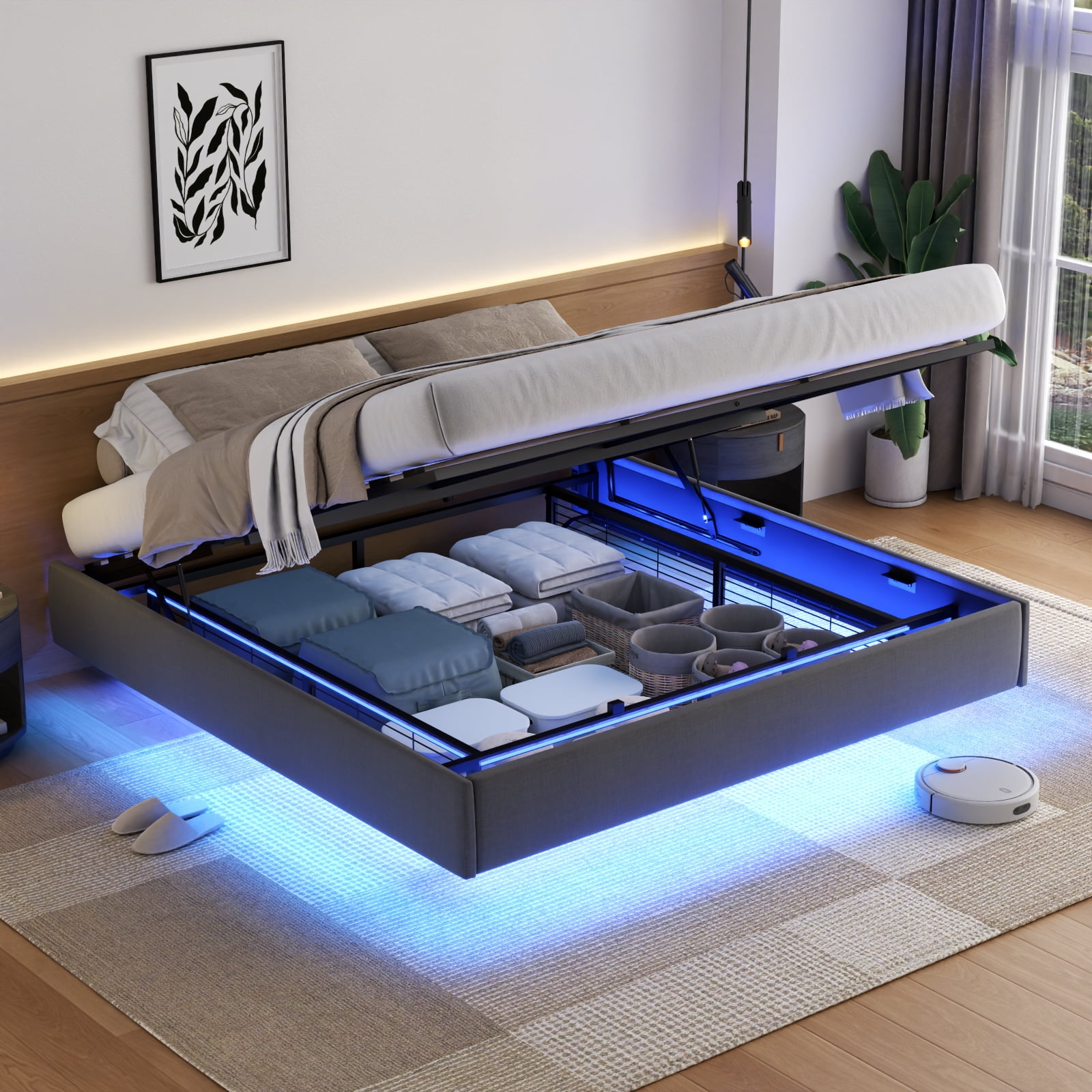 King Size Floating Lift Up Bed Frame, Lift Up Storage Bed with ...