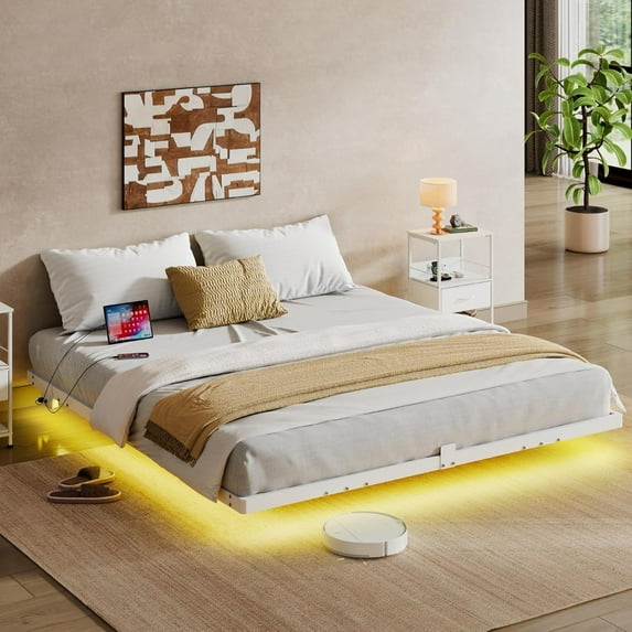 King Size Floating Metal Platform Bed Frame White 1500Lbs Heavy Duty ...