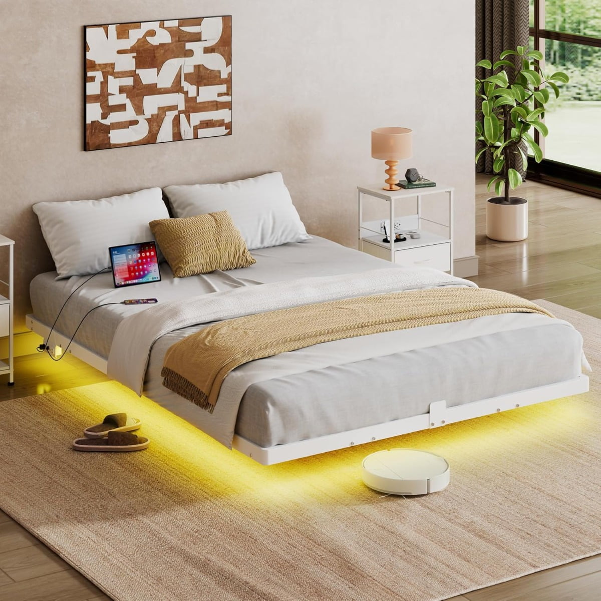 King Size Floating Metal Platform Bed Frame White 1500Lbs Heavy Duty ...