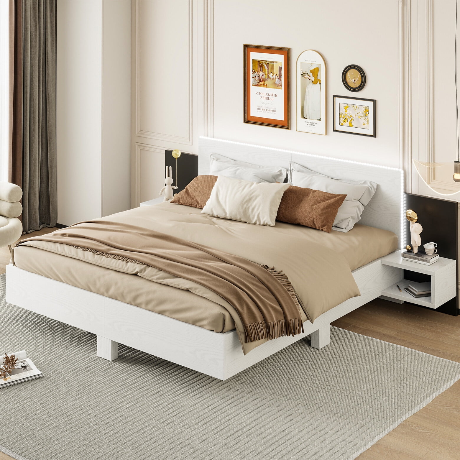 King Size Floating Platform Bed Frame with Built-in LED Lights and ...