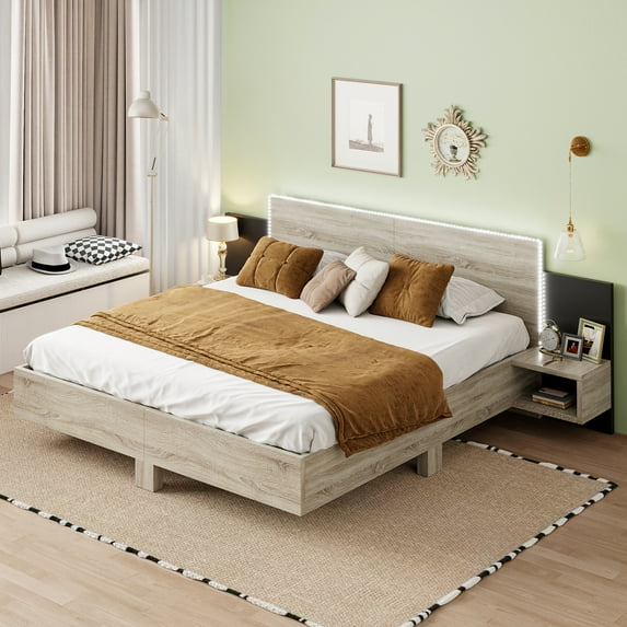 King Size Floating Platform Bed Frame with Built-in Nightstands, LED ...