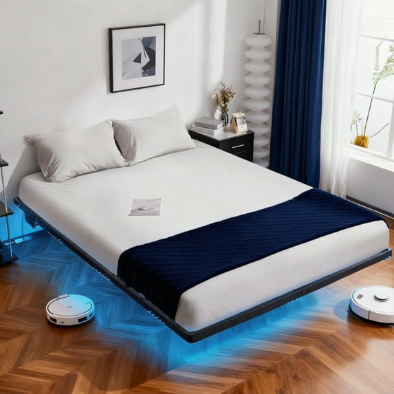 King Size Floating Platform Bed with Built-in LED Strip Light and Power ...
