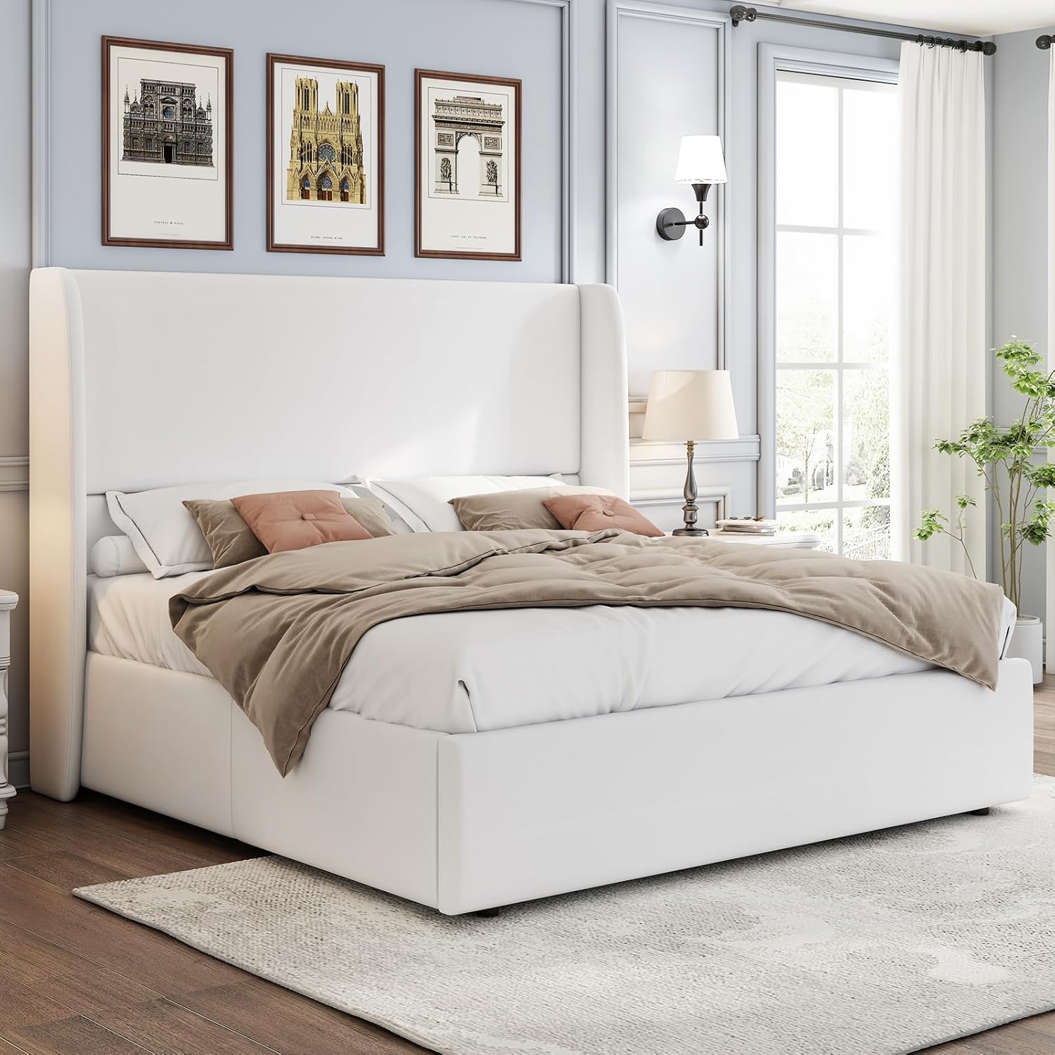King Size Hydraulic Storage Bed with Modern Wingback Headboard - White ...