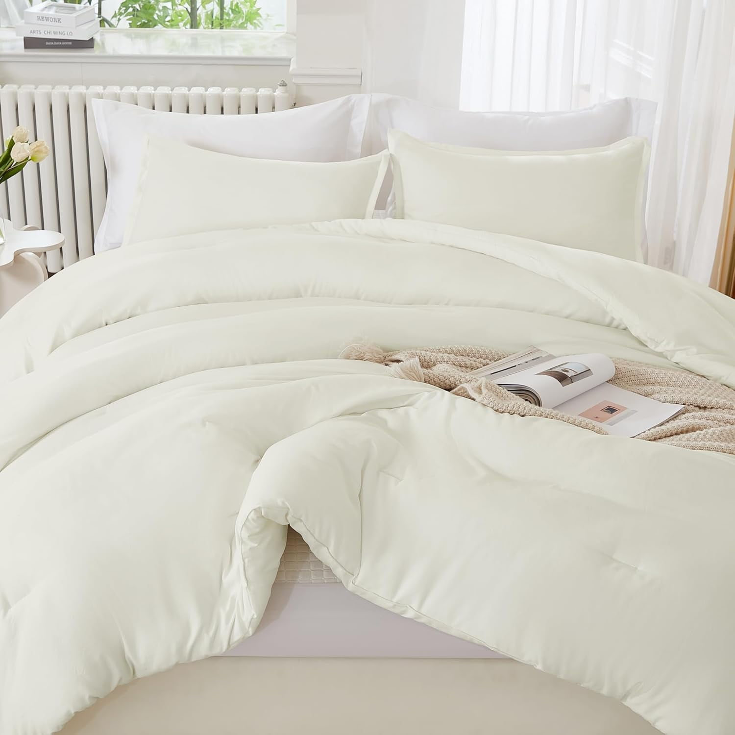 King Size Ivory Comforter Set, 3 Pieces Lightweight Solid Bedding Set ...