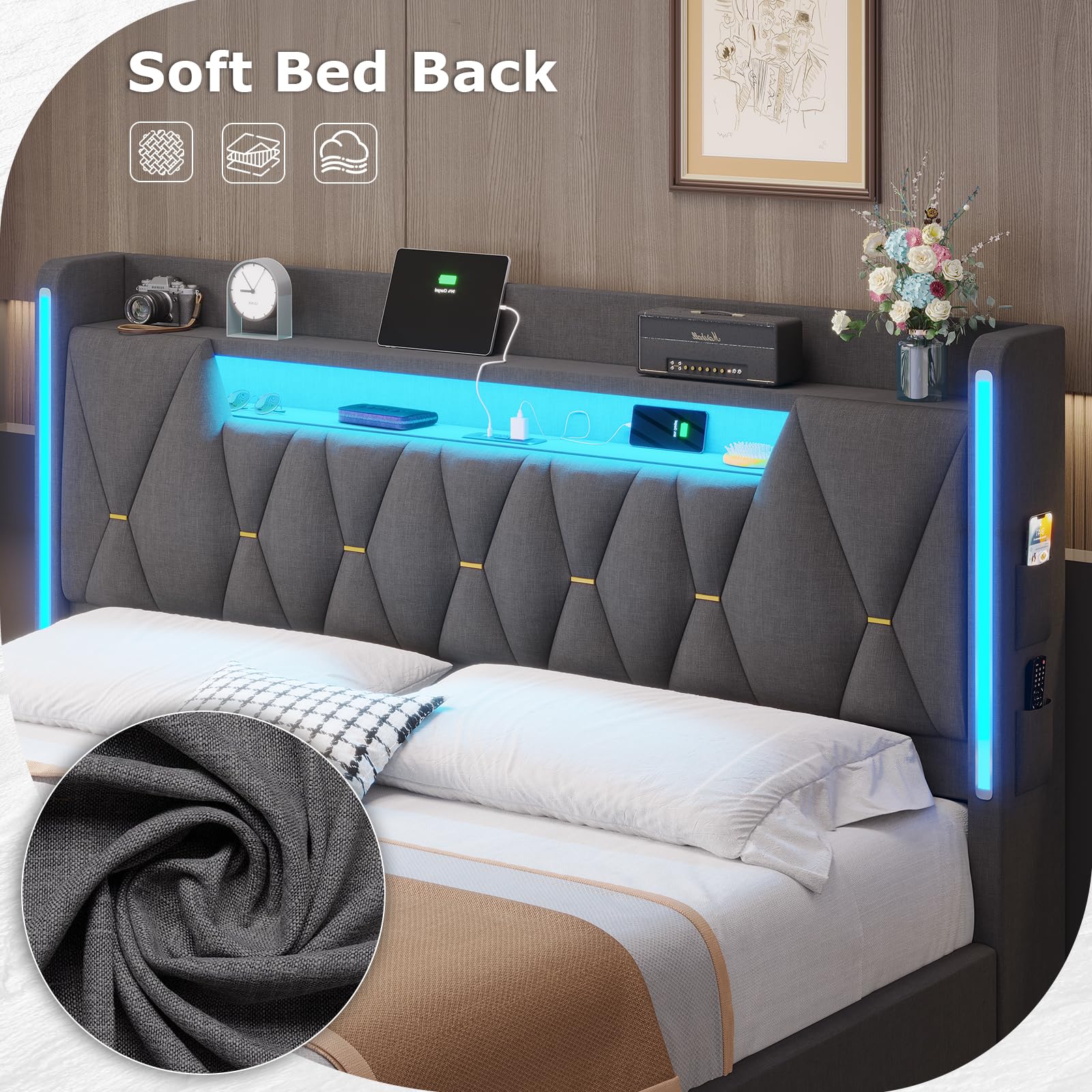 King Size LED Bed Frame with Charging Station, Upholstered Storage ...