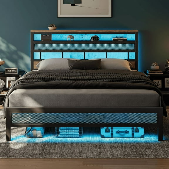 King Size Floating Bed Frame, Metal Platform, with LED Light and ...
