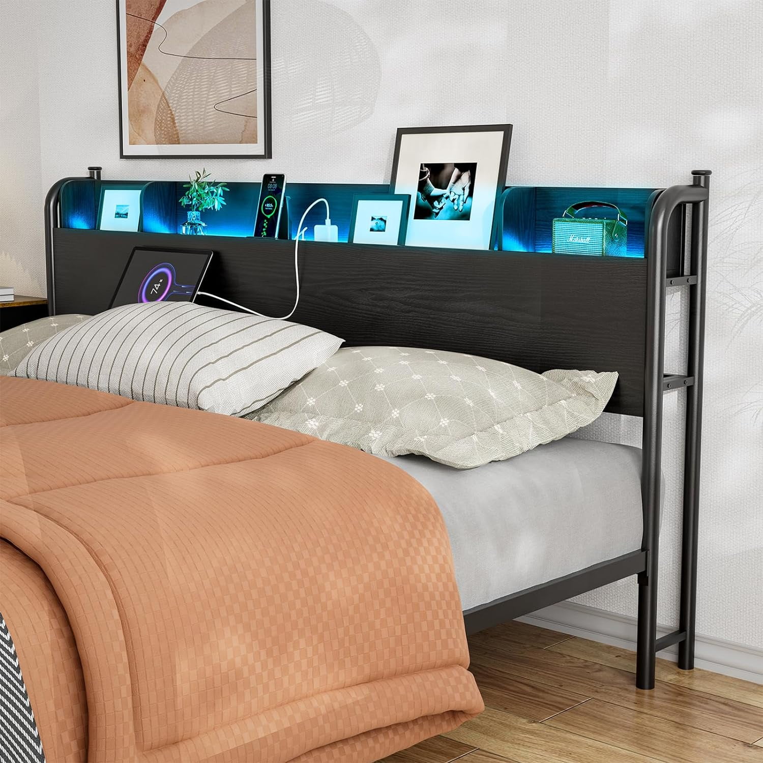 King Size LED Storage Headboard, Metal King Headboard Only with ...