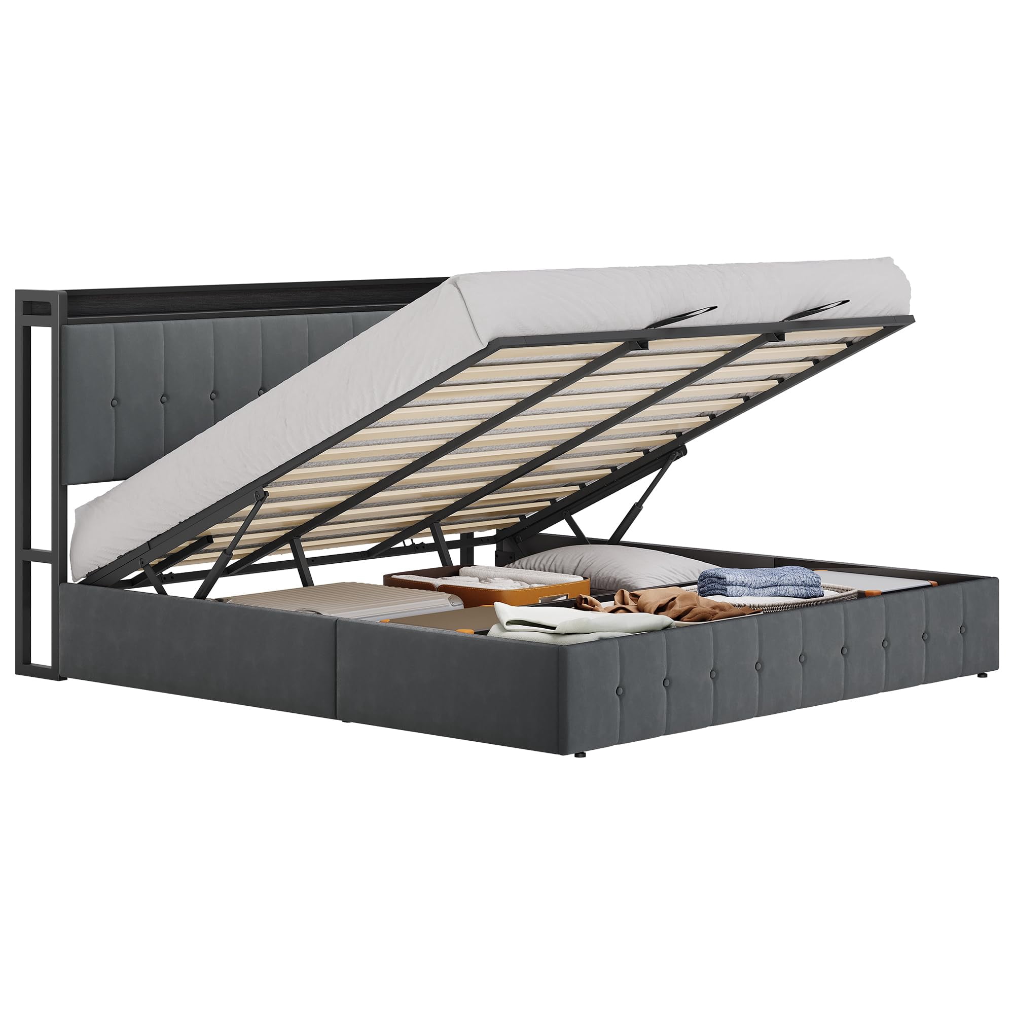 King Size Lift Up Storage Bed, Wingback Upholstered Frame with LED ...