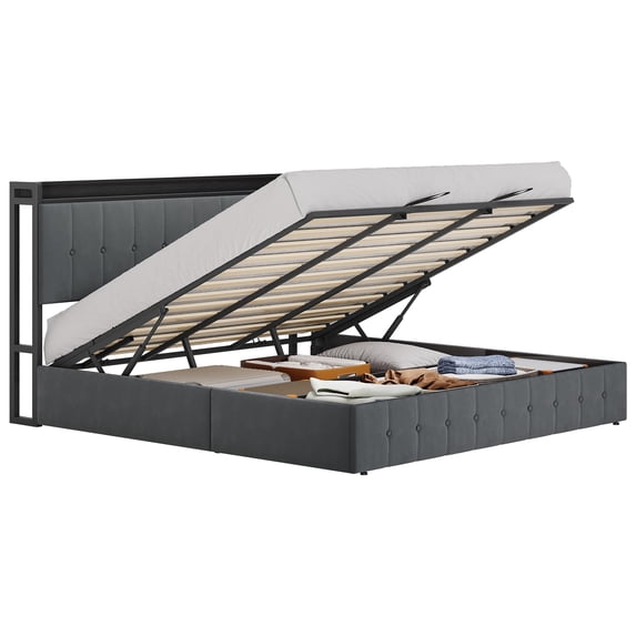 King Size Lift Up Storage Bed, Wingback Upholstered Frame with LED ...