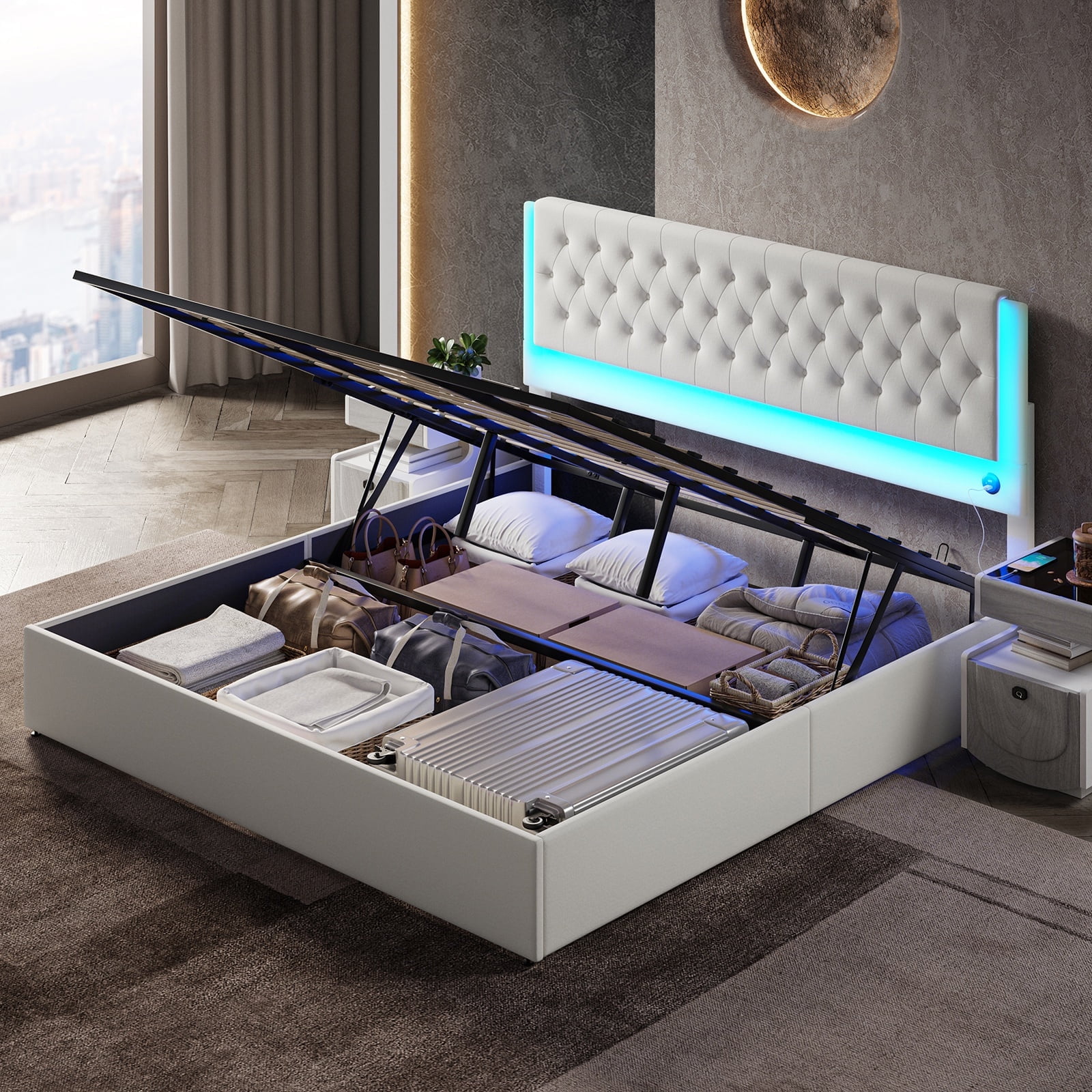King Size Lift up Hydraulic Storge Platform Bed Frame with USB and LED ...