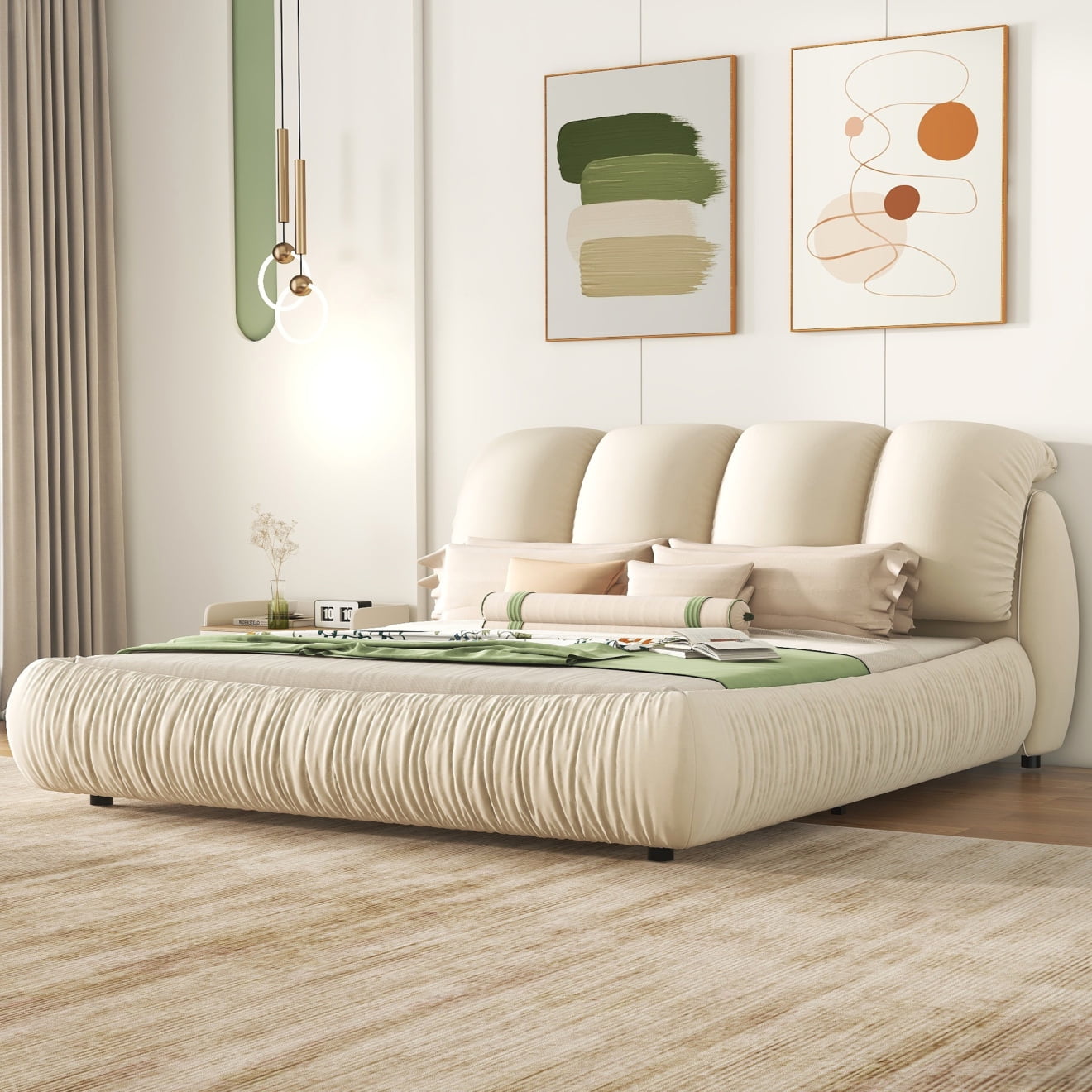 King Size Luxury Upholstered Platform Bed Velvet Thick Headboard Floor Platform Bed Frame with Oversized Padded Backrest Comfort Base Bed No Box Spring Needed Beige Velvet Walmart