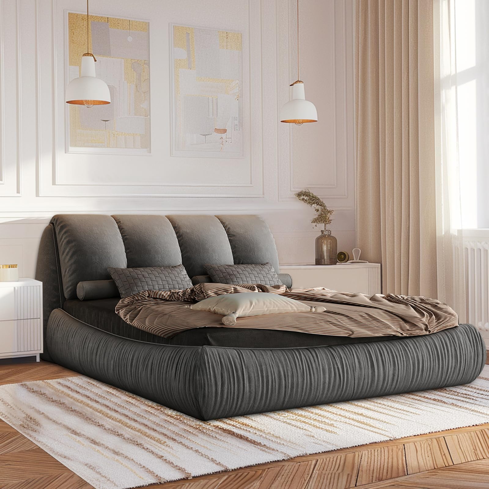 King Size Luxury Upholstered Platform Bed with Oversized Padded ...
